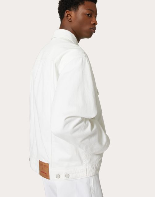 Denim Jacket With Rubberized V Detail for Man in Ivory | Valentino TW
