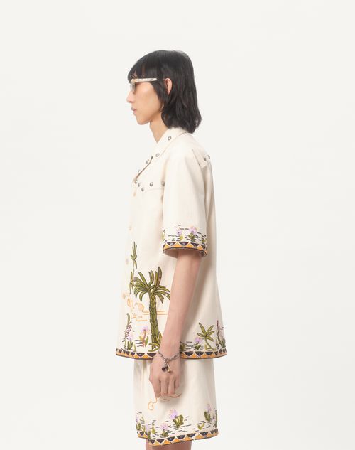 Cotton Canvas Shirt With Floral Embroidery for Man in Shell | Valentino US