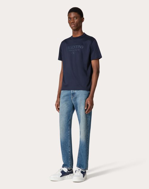 Valentino Print Cotton Crewneck T-shirt for Man in Navy Valentino Print Cotton Crewneck T-shirt for Man in Navy