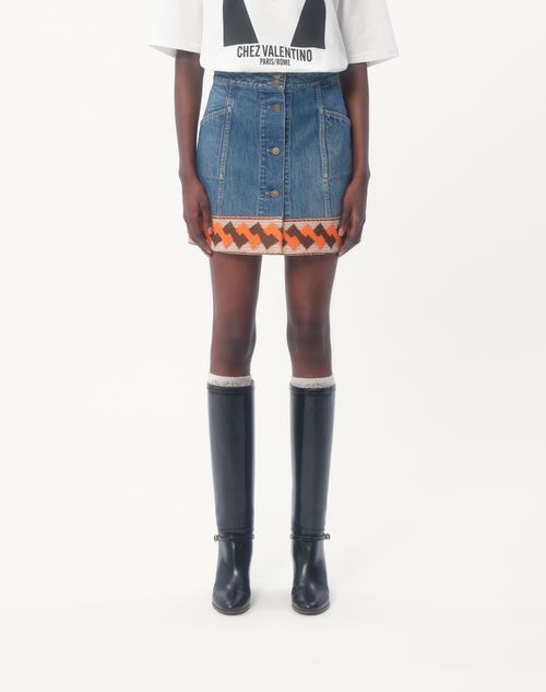 Denim Skirt With Jacquard Trims for Woman in Denim Denim Skirt With Jacquard Trims for Woman in Denim