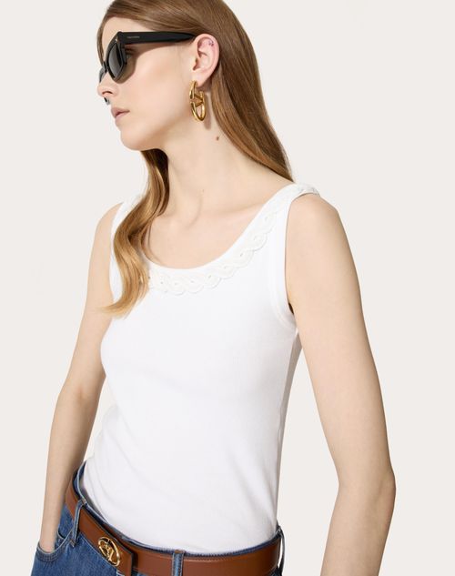 Embroidered Cotton Rib Top for Woman in White | Valentino MY