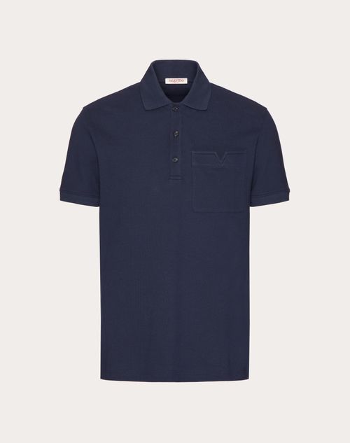 Cotton Piqué Polo Shirt With Topstitched V Detail for Man in Navy ...